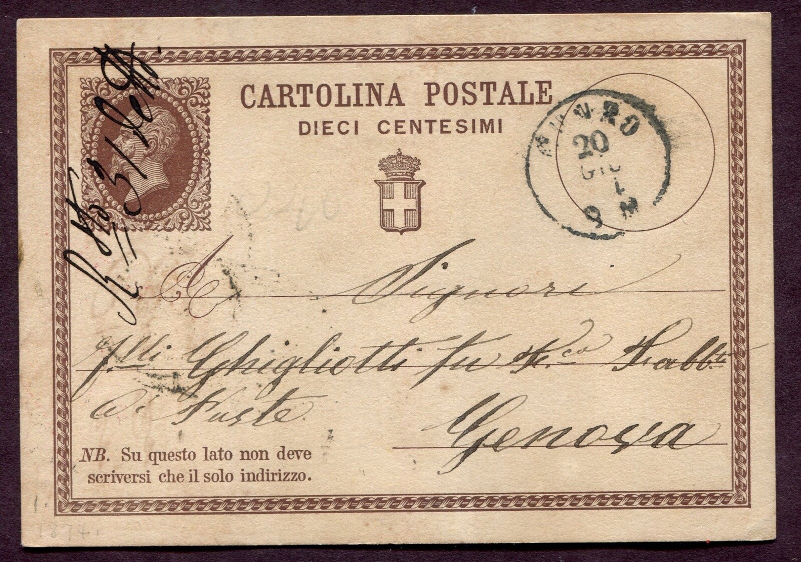 ITALY 1872 10C POSTAL STATIONERY CARD CUNEO TO GENOVA | eBay