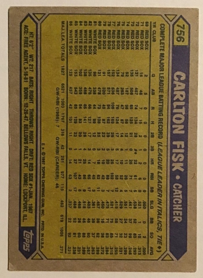 Carlton Fisk 1987 Topps Chicago White Sox #756 | eBay