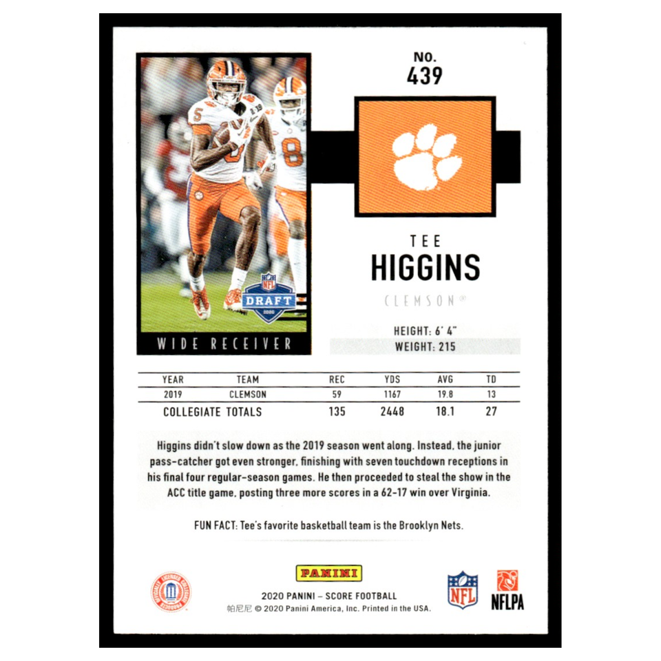 Tee Higgins Rookie #439 2020 Score Cincinnati Bengals Football Card NFL ...