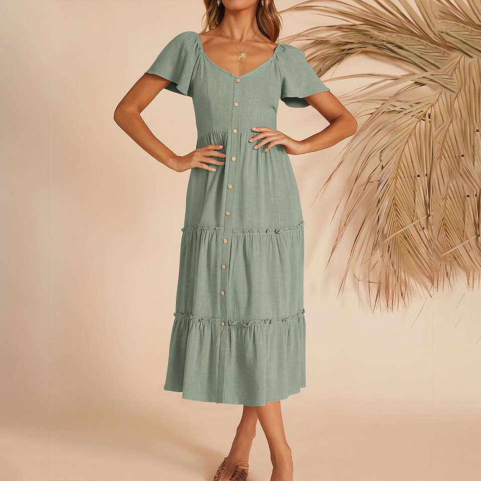 Women Solid A-Line Casual Midi Sundress Short Sleeve Ladies V-Neck ...