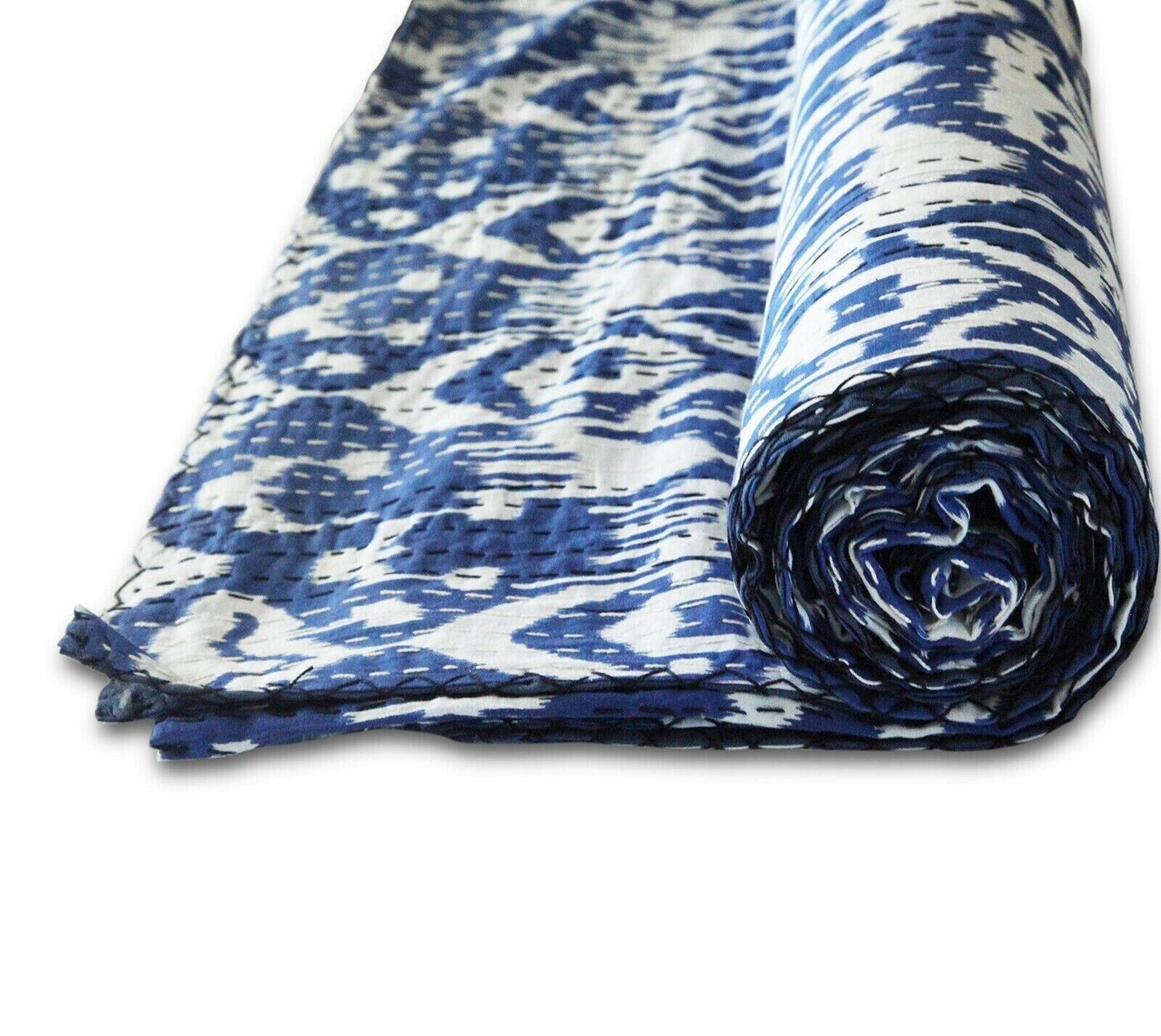 Cotton Blanket Queen Blue Ikat Quilt Bedspread Throw Indian Handmade ...