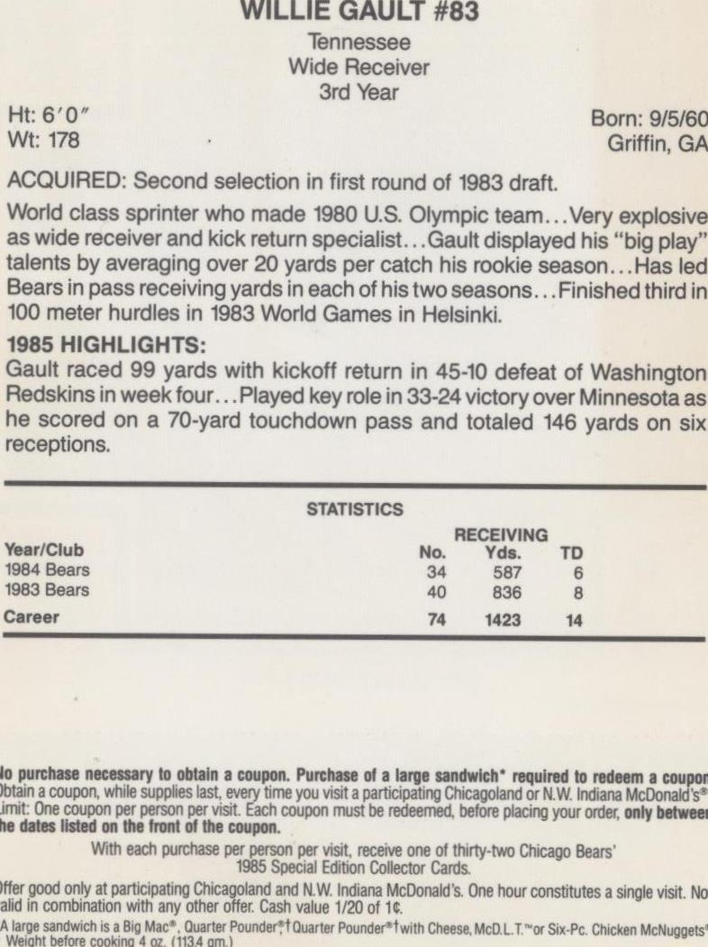 Las mejores ofertas en 1985 McDonald's Chicago Bears Willie Gault #83 ...