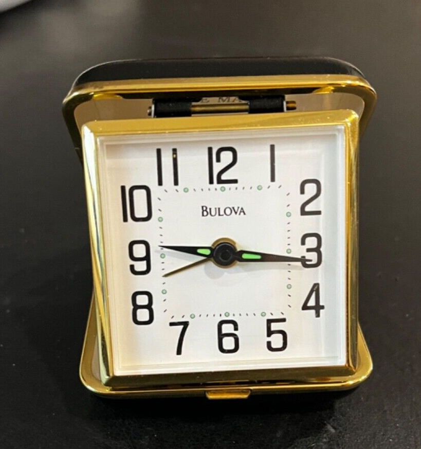Bulova WindUp Travel Alarm Clock Black with Gold Trim Glow Details ...