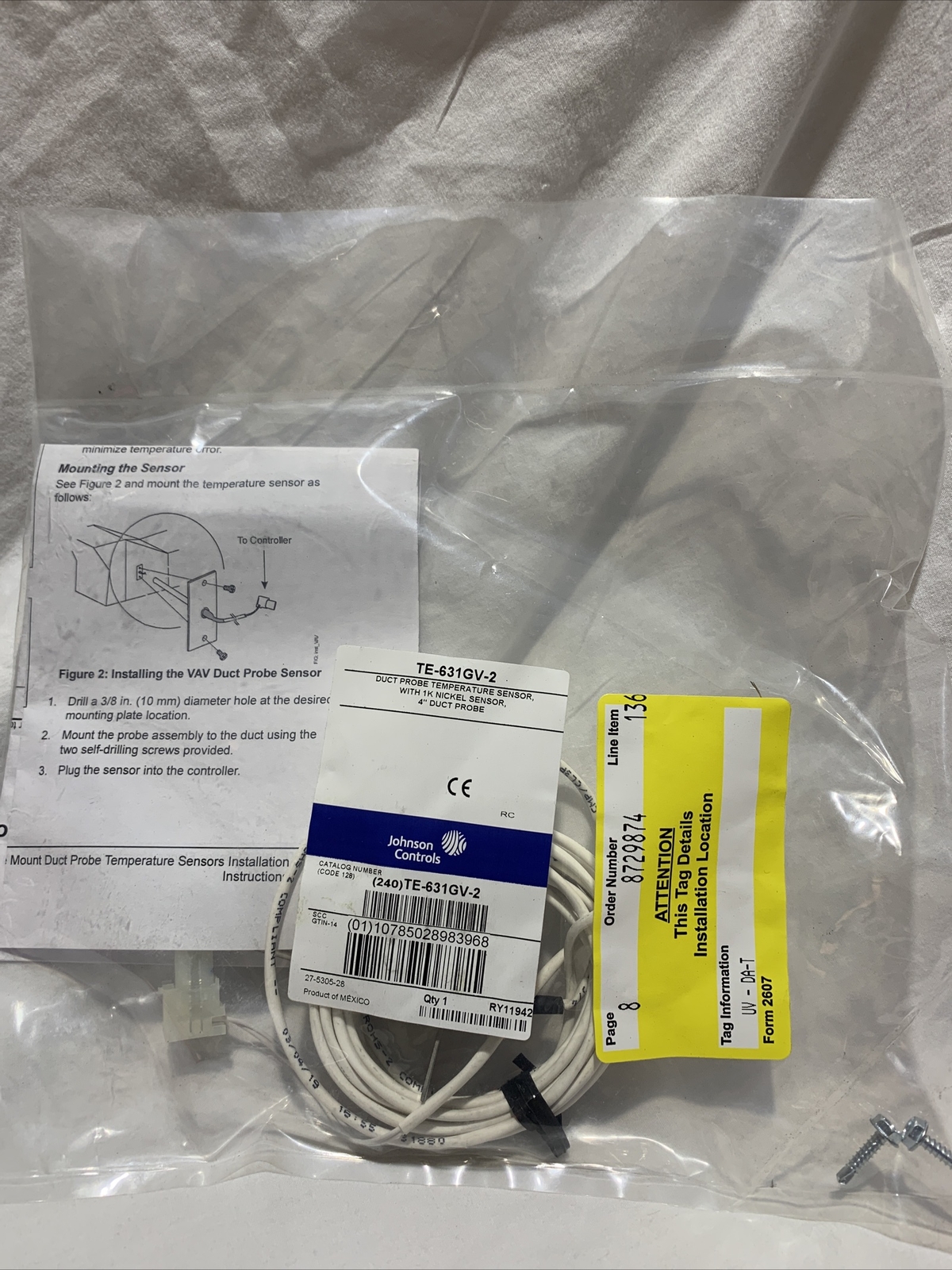 Johnson Controls 4”Duct Probe Temperature Sensor w/ 1k Nickel Sensor ...