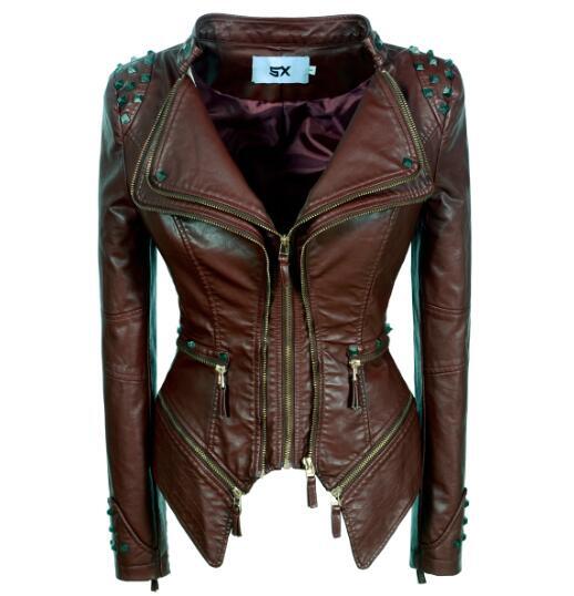 Women's Leather Slim Fit Motorcycle Jacket Zipper Coat Punk Studded ...