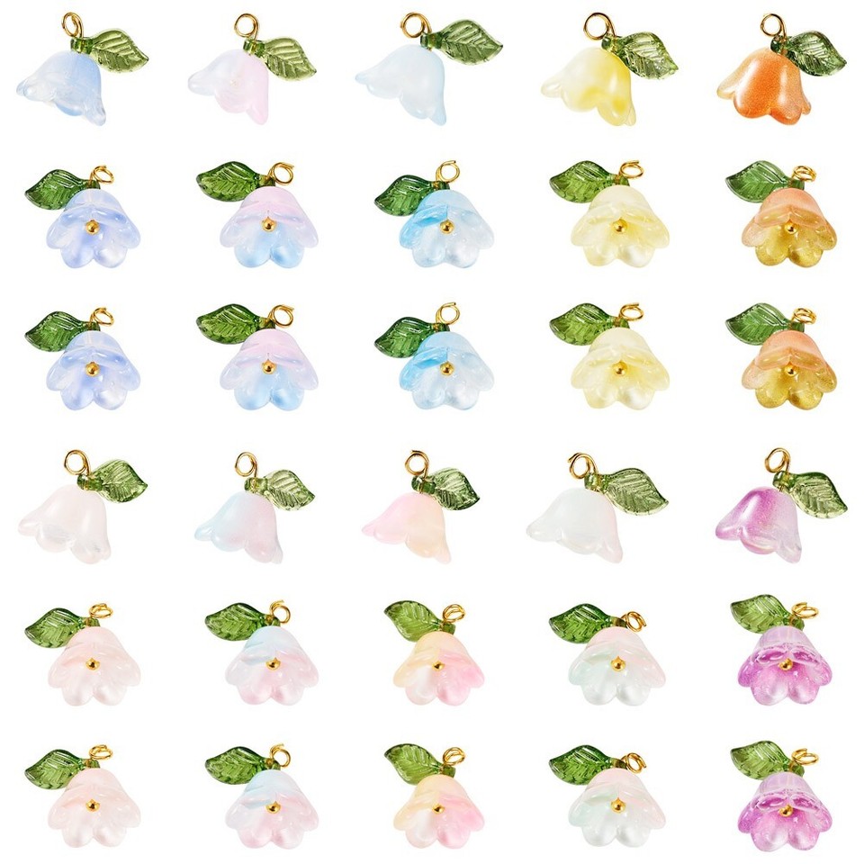 40Pcs 10 Colors Glass Acrylic Flower Charms Pendant with Brass Findings ...