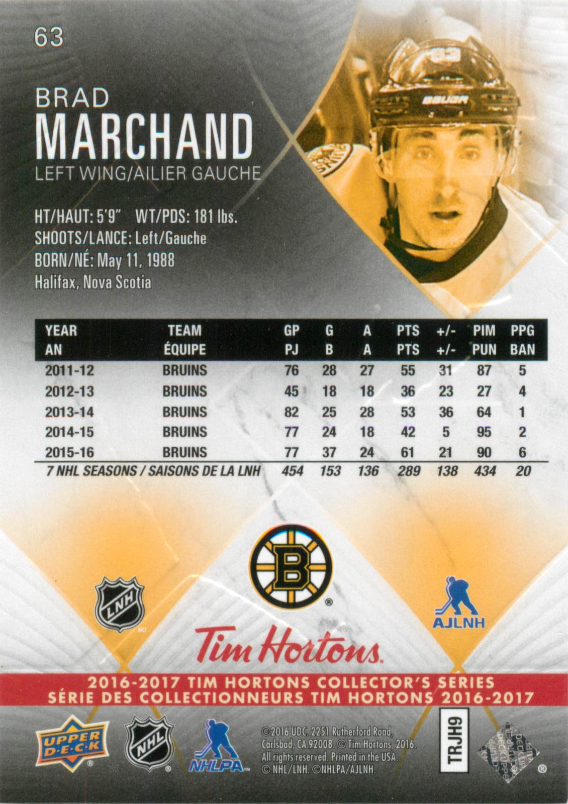2016 Upper Deck Tim Hortons #63 Brad Marchand Near Mint | eBay