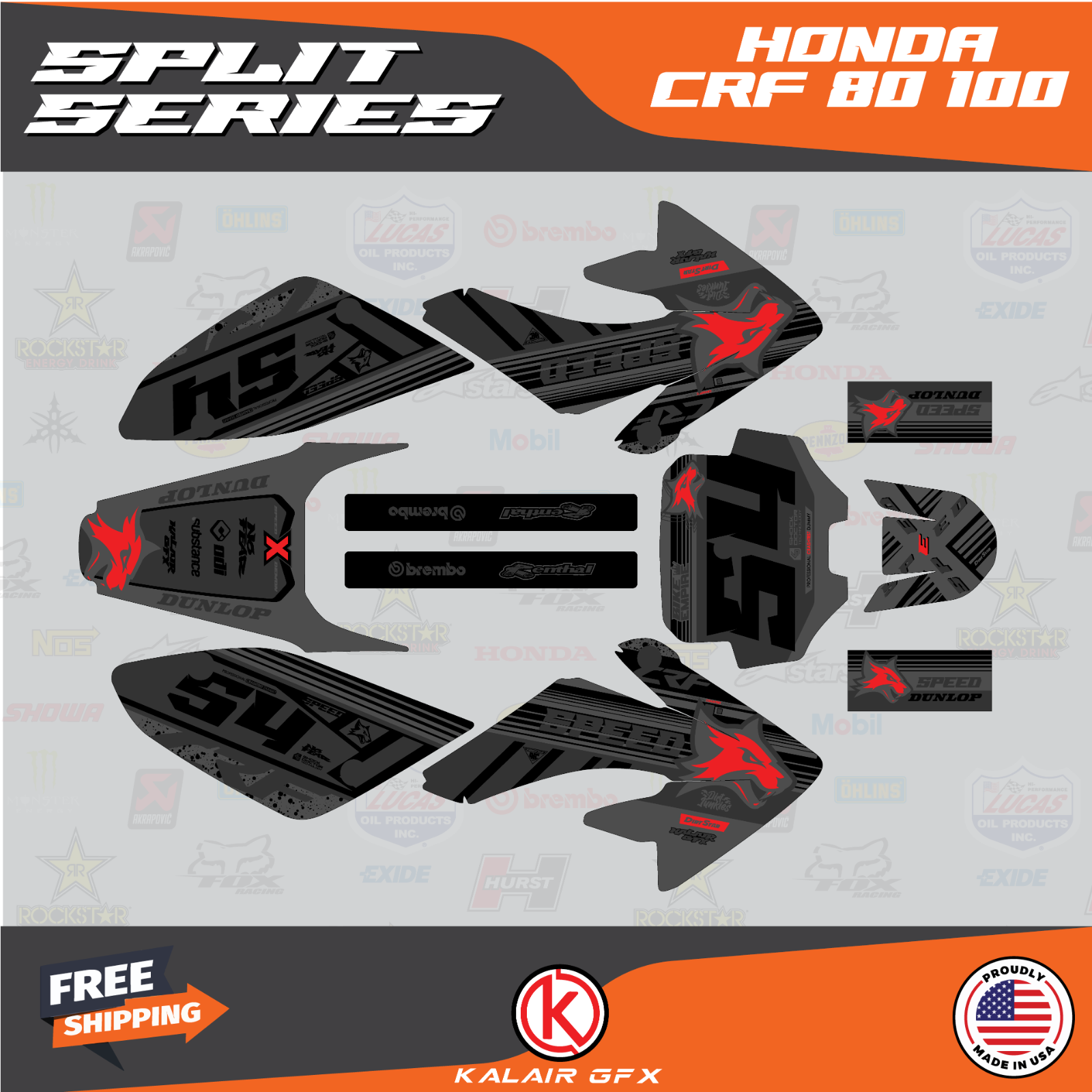 Graphics Kit for HONDA CRF 80 CRF 100 (2004-2016) SPLIT- RED SHIFT ...
