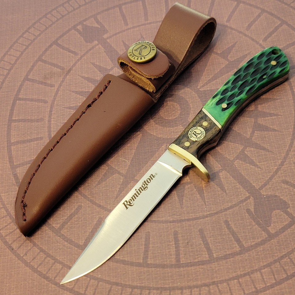 REMINGTON Knife With Leather Sheath Green Jigged BONE Handle W/Brass ...