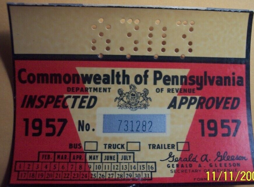 Vintage Original 1957 PA Pennsylvania Inspection Sticker Old Antique ...