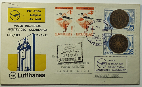 1971 Uruguay First Flight Lufthansa LH507 Montevideo to Casablanca ...