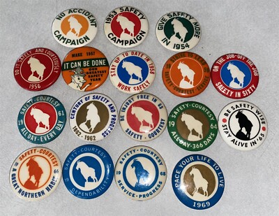 Set of 17 Great Northern Railroad Safety Pinback Buttons with Goat 1950 ...
