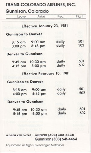 Trans-Colorado Airlines timetable 1981/01/23 | eBay