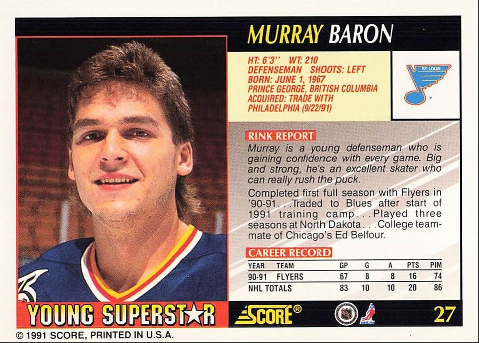 1991-92 Score Young Superstars Murray Baron St. Louis Blues #27 | eBay