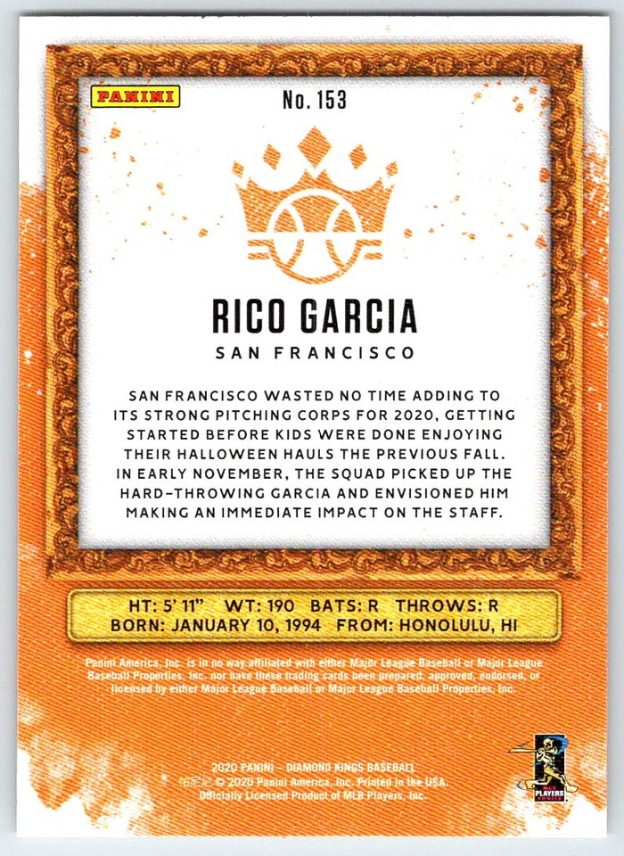 2020 Panini Diamond Kings Baseball Card Rico Garcia #153 RC San ...
