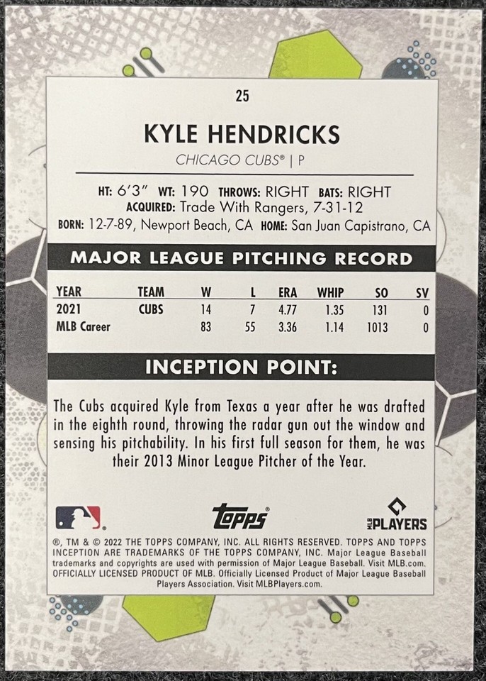2022 Topps Inception #25 Kyle Hendricks Pink /99 | eBay