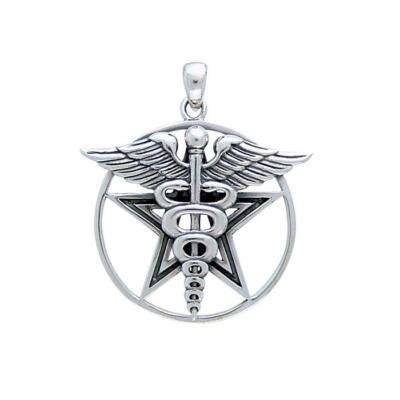 Pagan Wiccan Pentacle Caduceus 925 Sterling Silver Pendant Fine Amulet ...