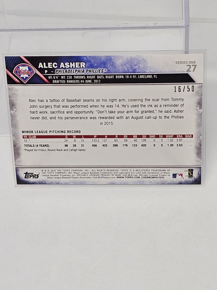 Alec Asher 2016 Topps #27 Card Philadelphia Phillies Foil #'d /50 | eBay