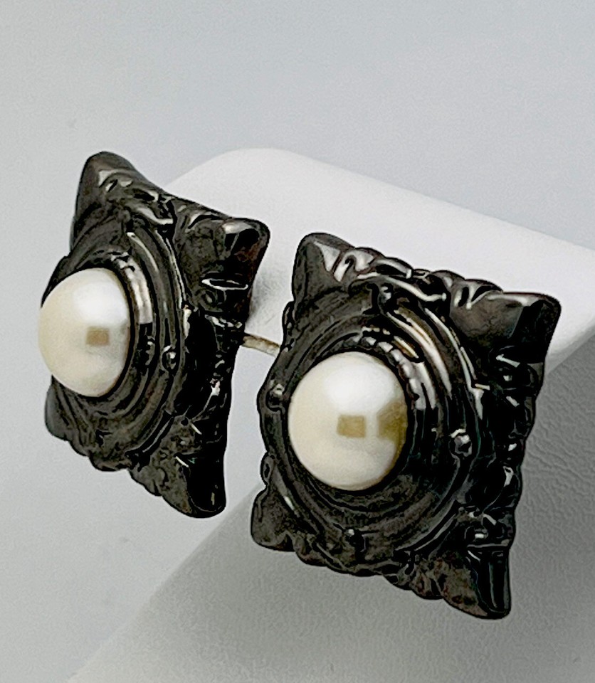 Vintage 1980-90s Gunmetal Faux Pearl Shield Pierced Earrings | eBay
