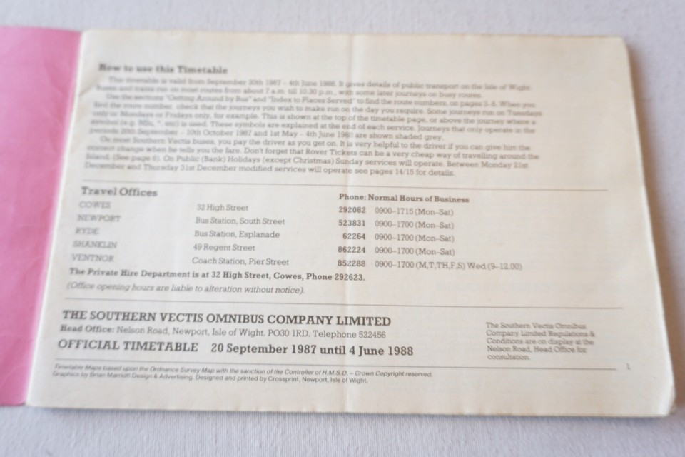 '87 Southern Vectis Isle of Wight Staff Issue Bus Timetable Ventnor ...