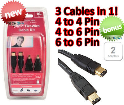 3m FireWire 400 6-Pin to 6-Pin Cable w/ 4-Pin Adapters Kit DV iLink ...