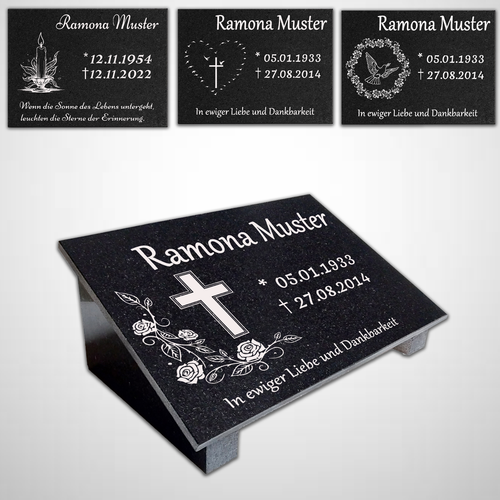 Grabstein GRANIT Grabplatte Motiv+Gravur mit und ohne Stützen wählbar ...