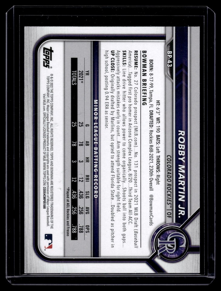 Robby Martin Jr. 2022 Bowman Prospects 1st Fuchsia Card /299 #BP-43 | eBay