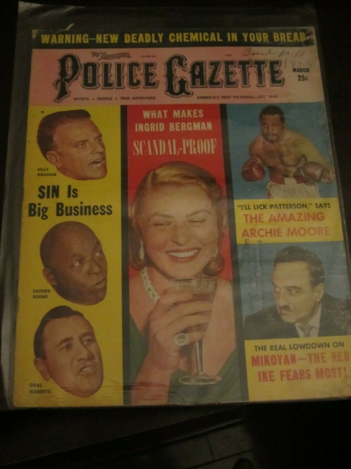 Police Gazette Magazine March 1959 Billy Graham Archie Moore Ingrid ...
