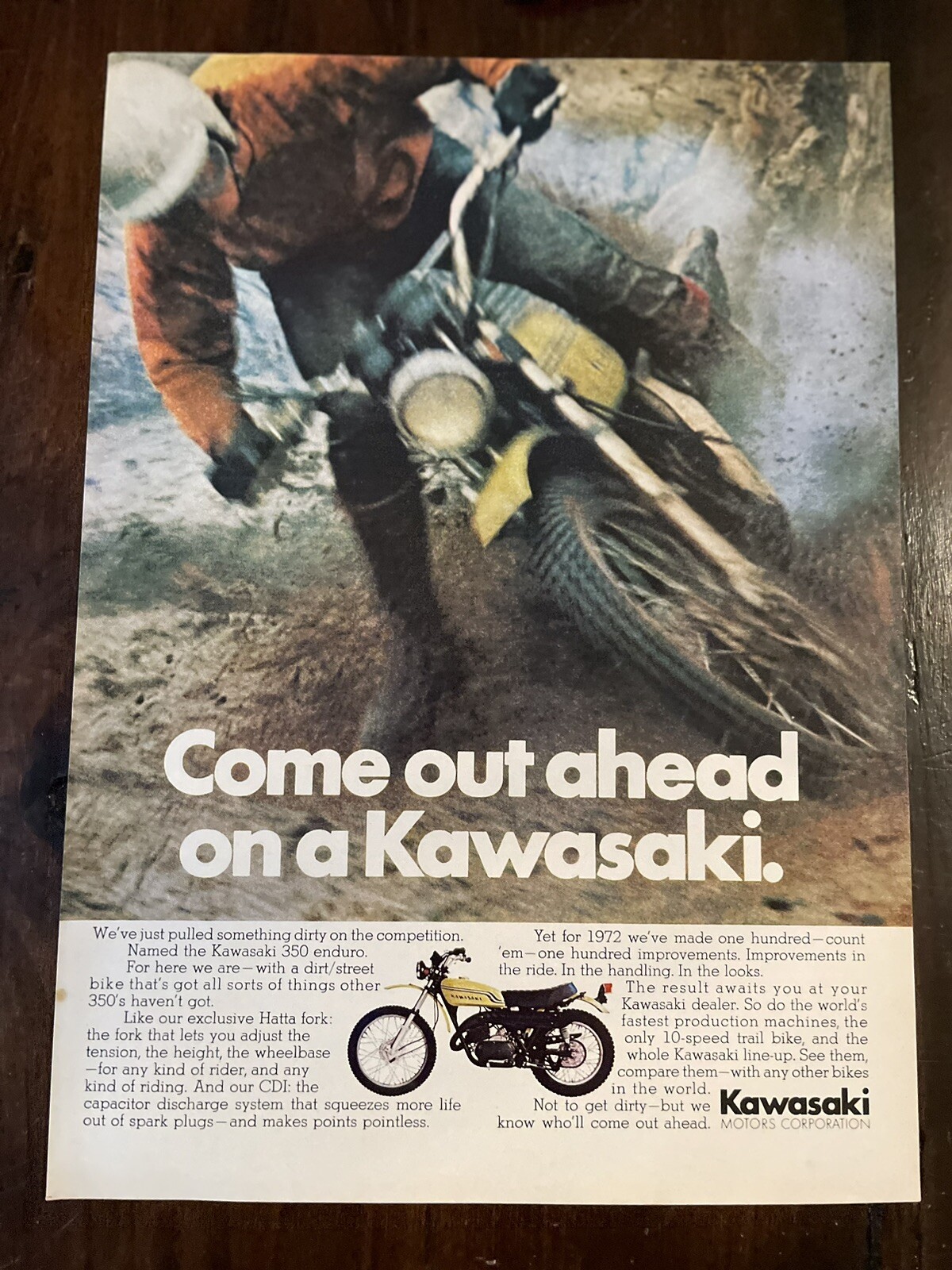 1972 Kawasaki 350 Enduro Motorcycle print ad /mini poster/photo-Ad ...