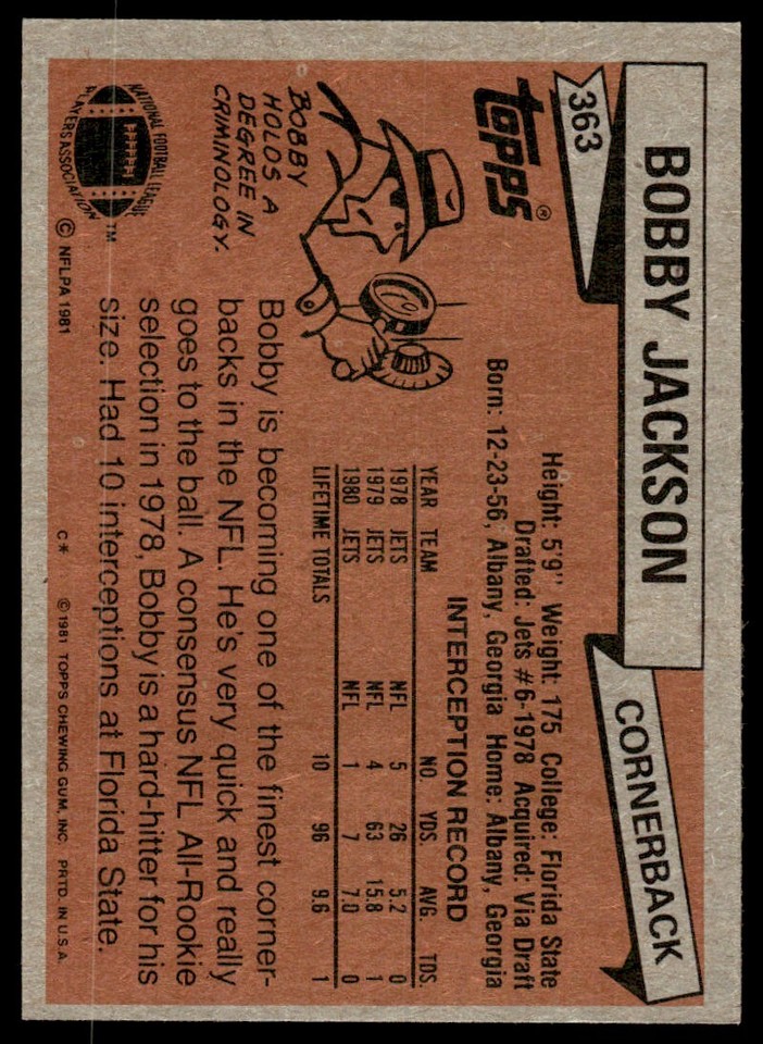 1981 Topps Football Card Bobby Jackson New York Jets #363 | eBay