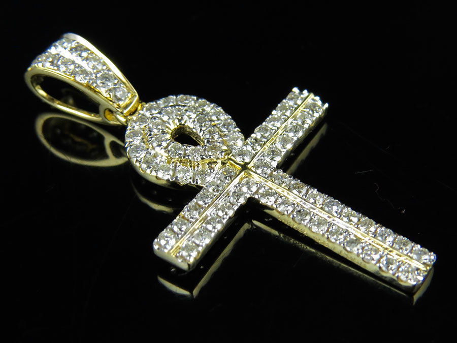 10K Yellow Gold Ankh Cross Two Row Genuine Diamond 1.5 Inch Pendant ...