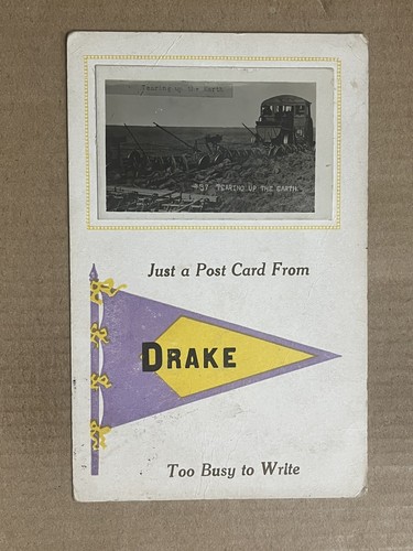 Postcard RPPC Drake ND North Dakota Pennant Flag Greetings Farm Field ...