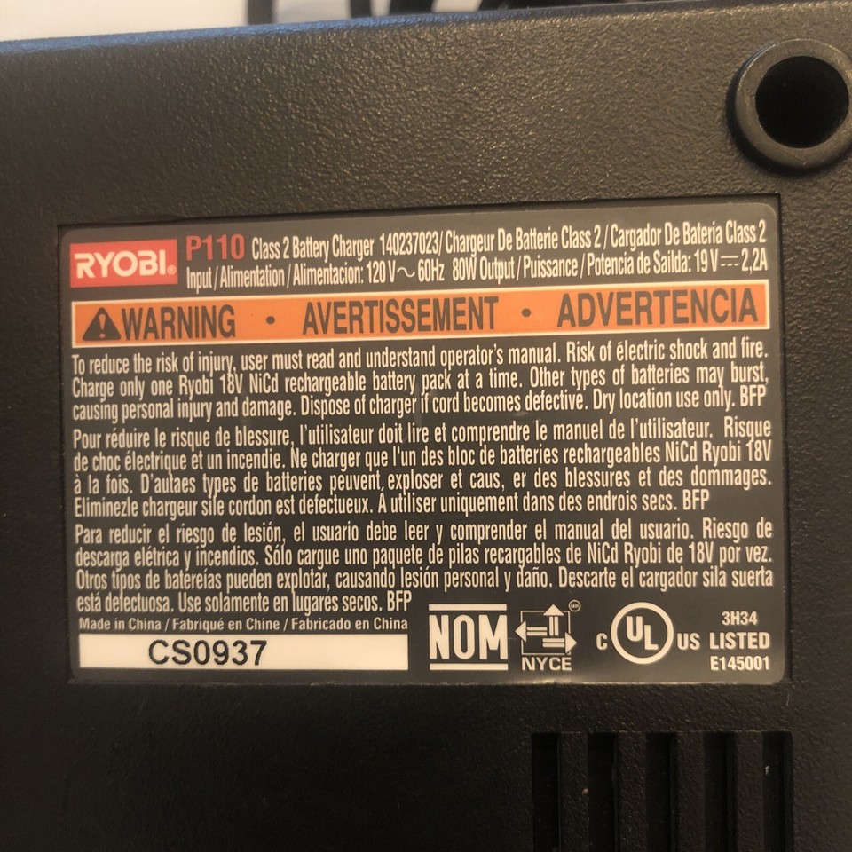 Ryobi 18V ChargePlus+ P110 Class 2 NiCd Battery Charger | eBay