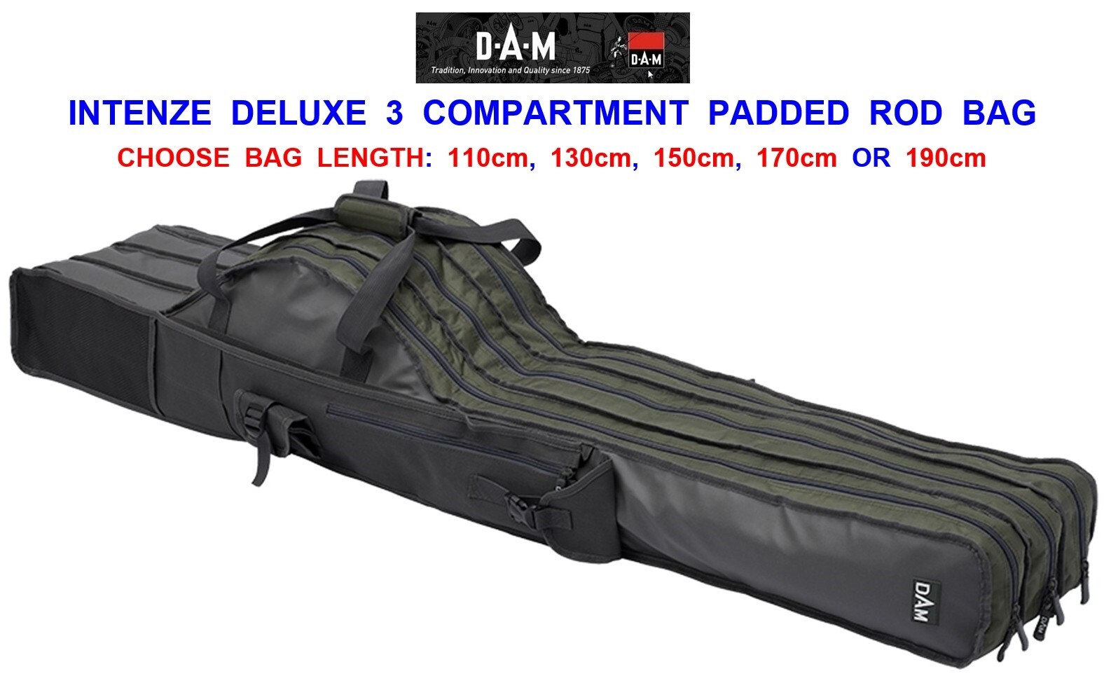 DAM INTENZE DELUXE PADDED 3 COMPERTMENT ROD BAG CARP MATCH FLOAT FEEDER ...