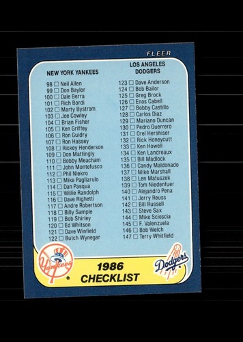 1986 Fleer Checklist: Yankees / Dodgers / Angels / Reds CL #655 | eBay