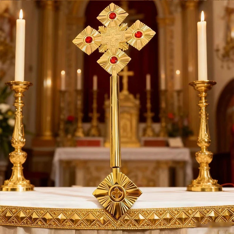 Eastern Orthodox Metal Cross Scepter Ruby Inlaid Religious Ceremony ...