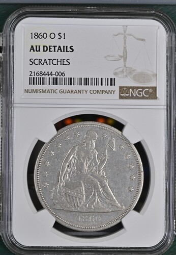 1860 O SEATED LIBERTY SILVER DOLLAR $1 NGC AU DETAILS SCRATCHES ...