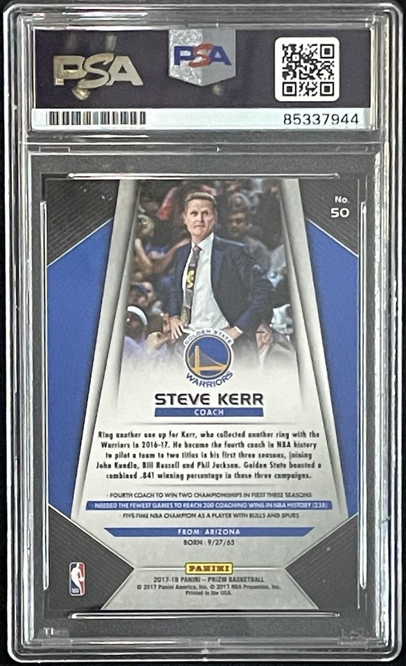 Steve Kerr Signed 2017-18 Panini Prizm #50 PSA/DNA Autographed Warriors ...