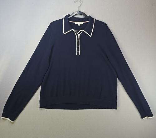 BODEN 5 Button Polo Sweater Cotton Wool Blend Womens Size XL Blue White ...