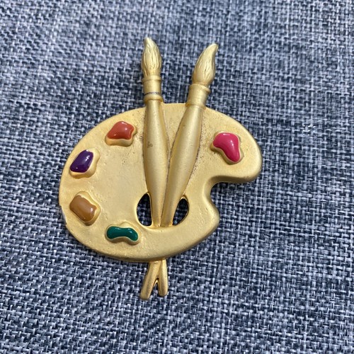 Vintage Enamel Artist Painters Palette Paint Brushes Gold Tone Brooch ...