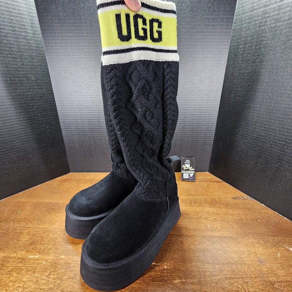 UGG Women's Classic Sweater Letter Platform Suede Black Boots 1144045 ...