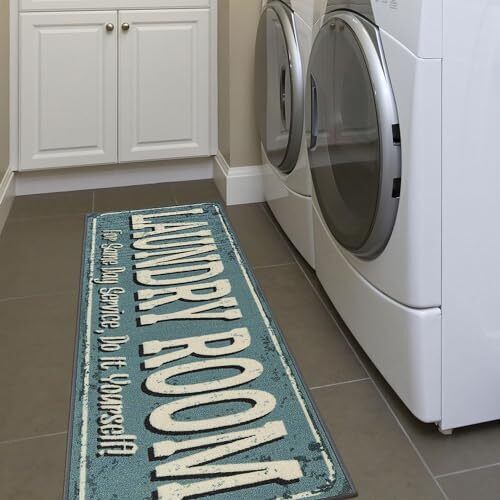Machine Washable Text Design Rug Non-Slip Rubberback 2x5 Laundry Room ...