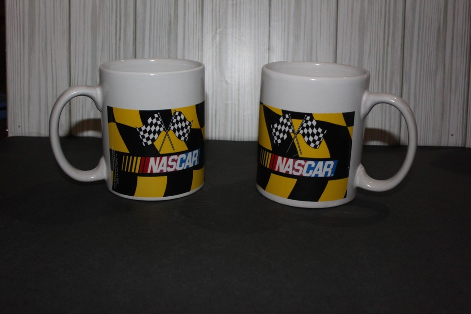 NASCAR Coffee Cups Mugs Yellow Checkered Flag Car Racing Ceramic 12 Oz ...