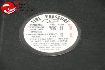 67 Chevy II/Nova SS Tire Pressure Decal GM# L 3912543 | eBay