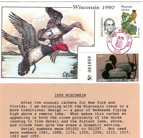 1990 WISCONSIN WI STATE DUCK STAMP ON COVER W/ MILFORD HAND-PAINTED ...