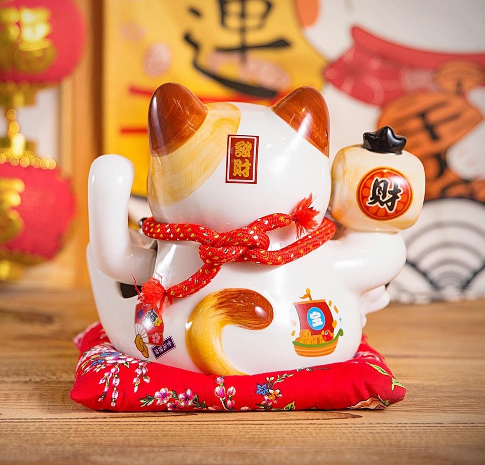 Large Ceramic Maneki Neko Beckoning Lucky Money Cat Waving Arm Good ...