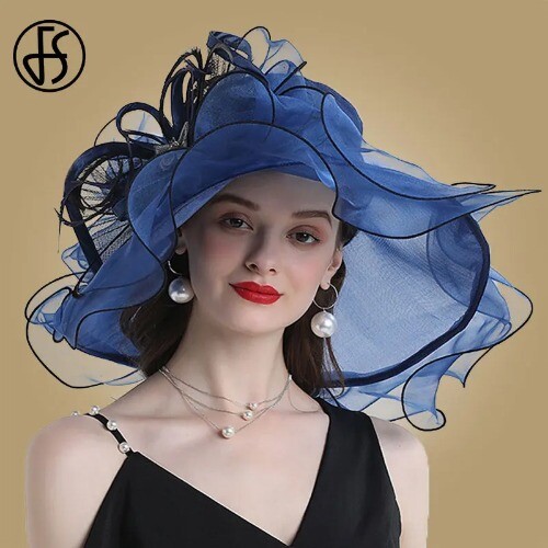 FS Wedding Bride Wide Brim Fascinators Fedora Hats Women Ladies Organza ...