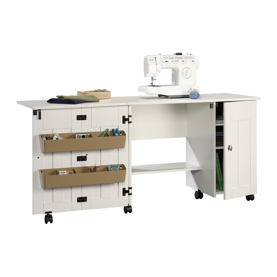 White Sewing Machine Craft Table Drop Leaf Shelves Storage Bins ...