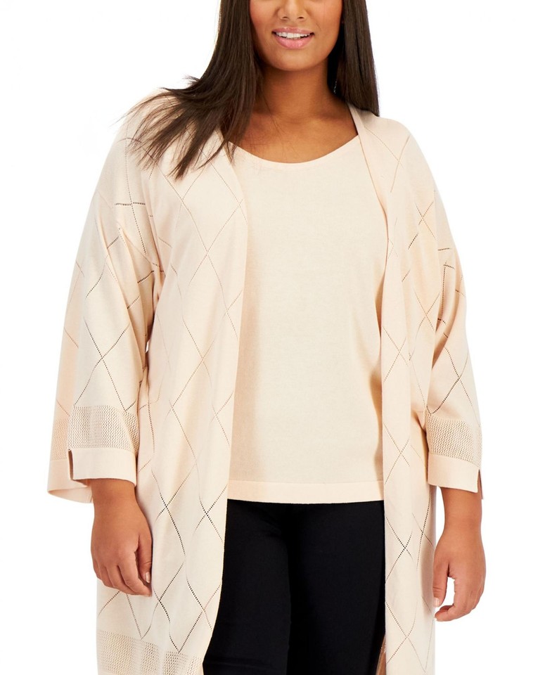 Anne Klein Womens Plus Size Diamond-Pattern Open-Front Cardigan ...