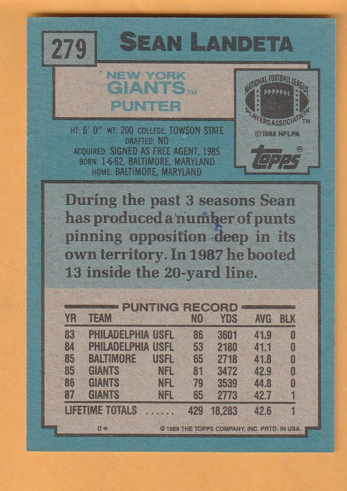 Sean Landeta New York Giants AUTO Signed 1988 Topps Towson State 11E | eBay